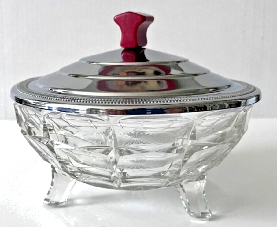 Post Prohibition '30s Hi-style Deco chrome & glass covered dish, 6 3/4 ...