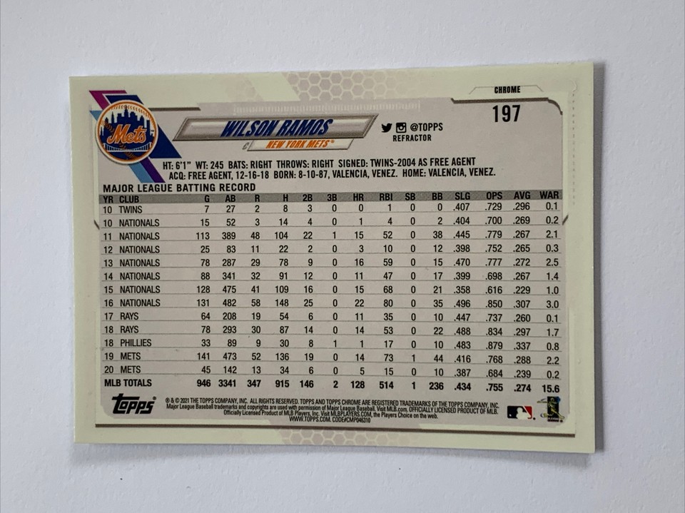 2021 Topps Chrome Wilson Ramos Refractor #197 New York Mets | eBay