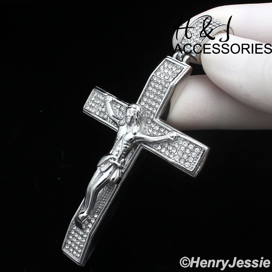 MEN STAINLESS STEEL ICY BLING CZ SILVER 3D BIG JESUS CHRIST CROSS ...