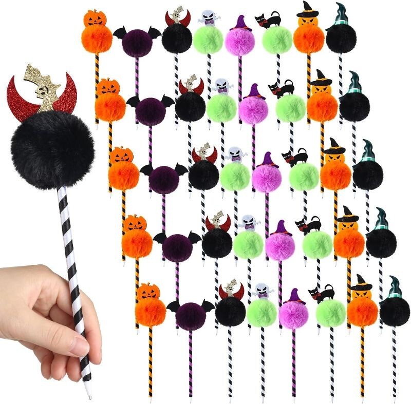Yeaqee 40 Pcs Halloween Pen Halloween Pumpkin Ghost Bat Skull Pom Pom ...