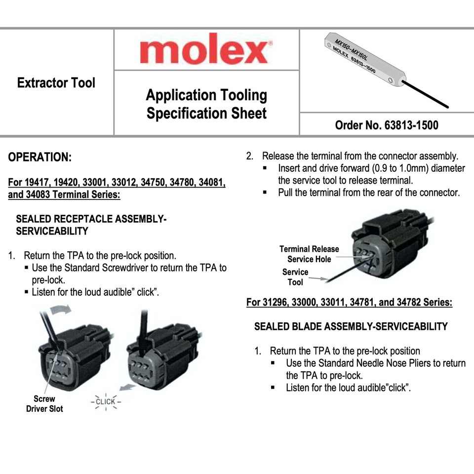 MOLEX terminal extraction removal tool MX150 / MX150L Terminals remove ...