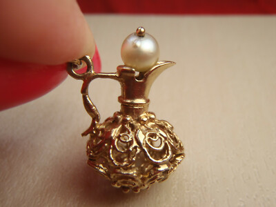 Vintage 14K yellow gold Filigree PITCHER w/ Pearl CHARM or Pendant | eBay