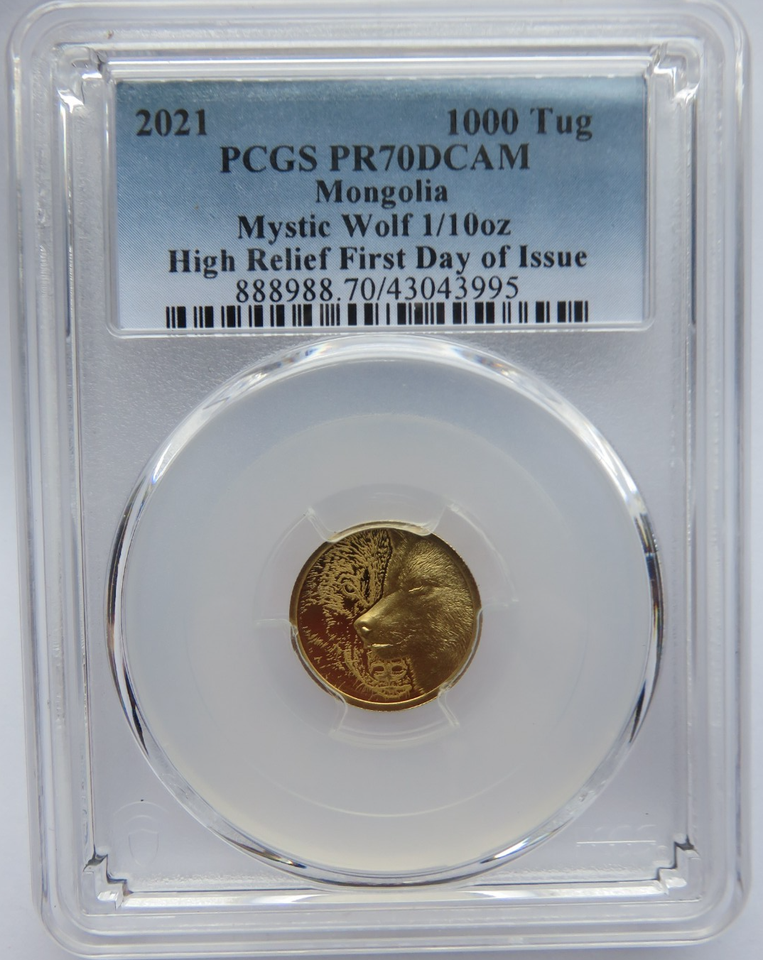 2021 Mongolia 1000 Tug Mystic Wolf 1/10th Oz .9999 Gold PCGS PR70DCAM w ...