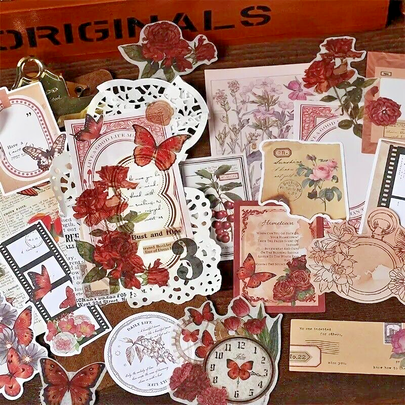 80/pk RED FLORAL Retro Scrapbook Accents Ephemera Stickers for Art Junk ...