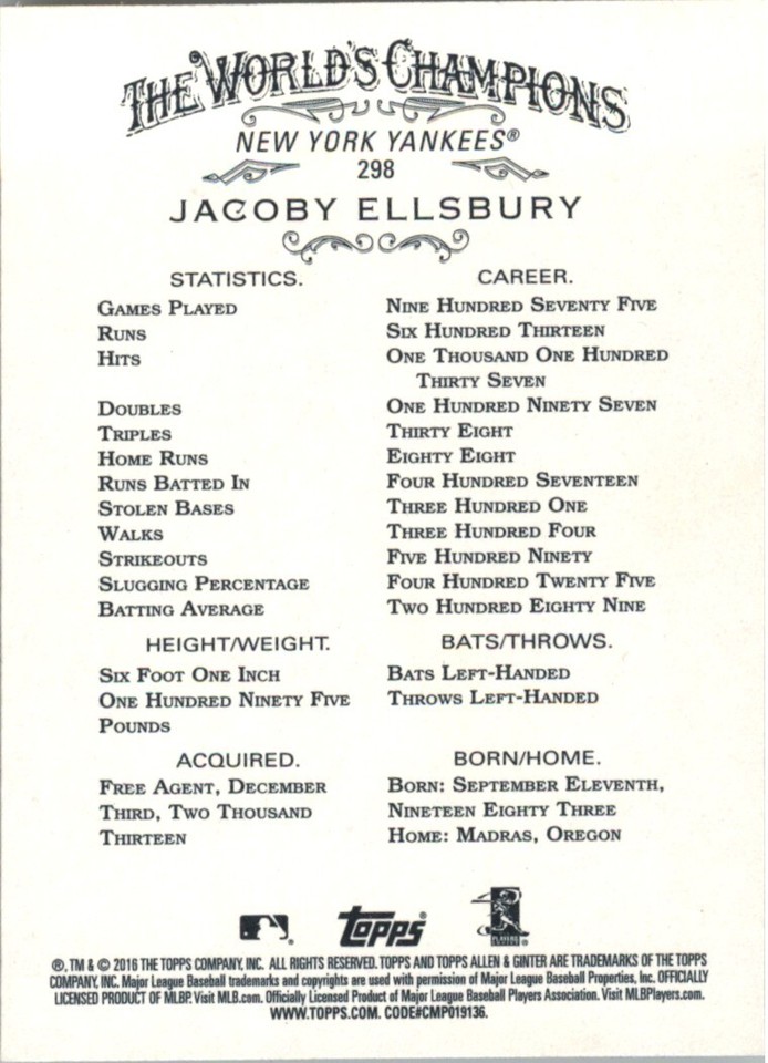 2016 Topps Allen & Ginter #298 Jacoby Ellsbury New York Yankees *+* | eBay