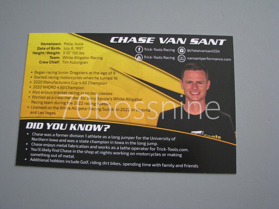 CHASE VAN SANT 2023 TRICK TOOLS PRO STOCK BIKE 5.5x8.5 NHRA DRAG RACING ...