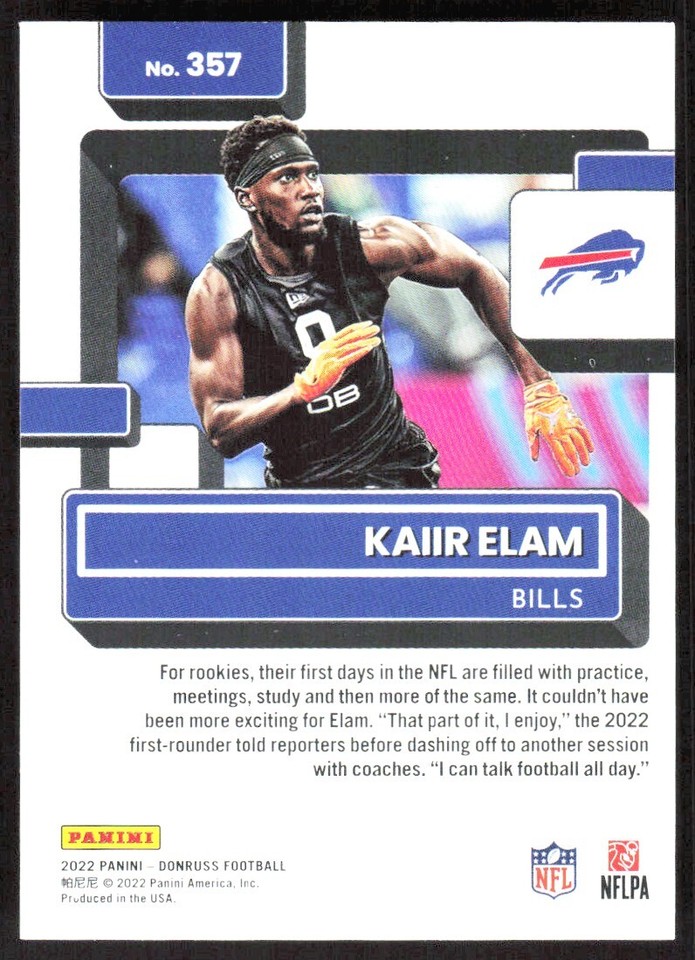 2022 4596B Donruss Rated Rookies Kaiir Elam Rookie Buffalo Bills #357 ...