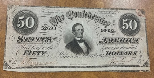 1864 T-66 $50 Confederate States Jefferson Davis Note CIVIL WAR Era 1st ...