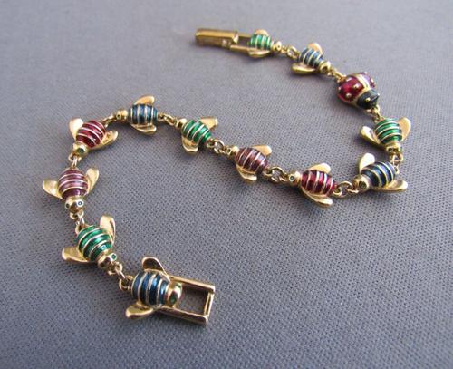 VINTAGE JOAN RIVERS GOLD TONE ENAMEL BUZZY BEE LADY BUG TENNIS BRACELET ...