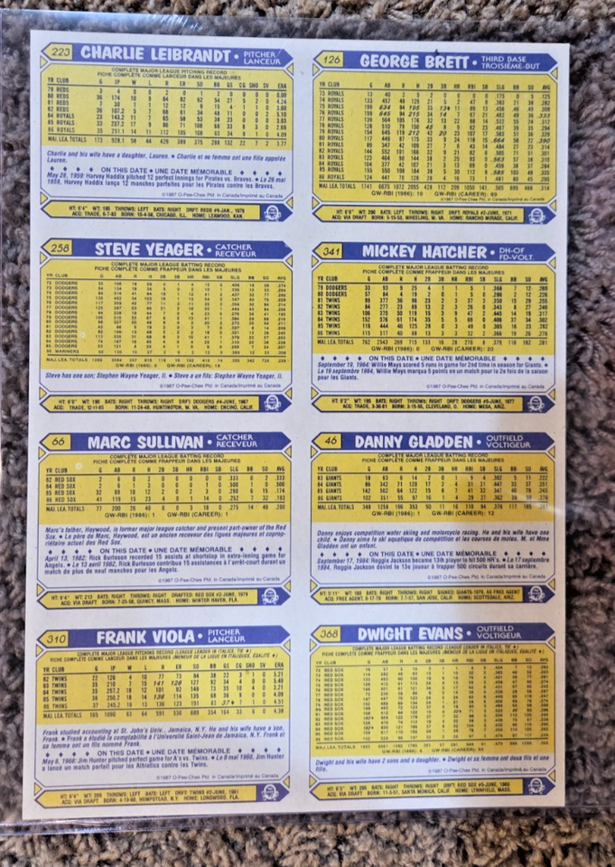 1987 O-Pee-Chee OPC Rare Uncut Sheet George Brett Dwight Evans Frank ...