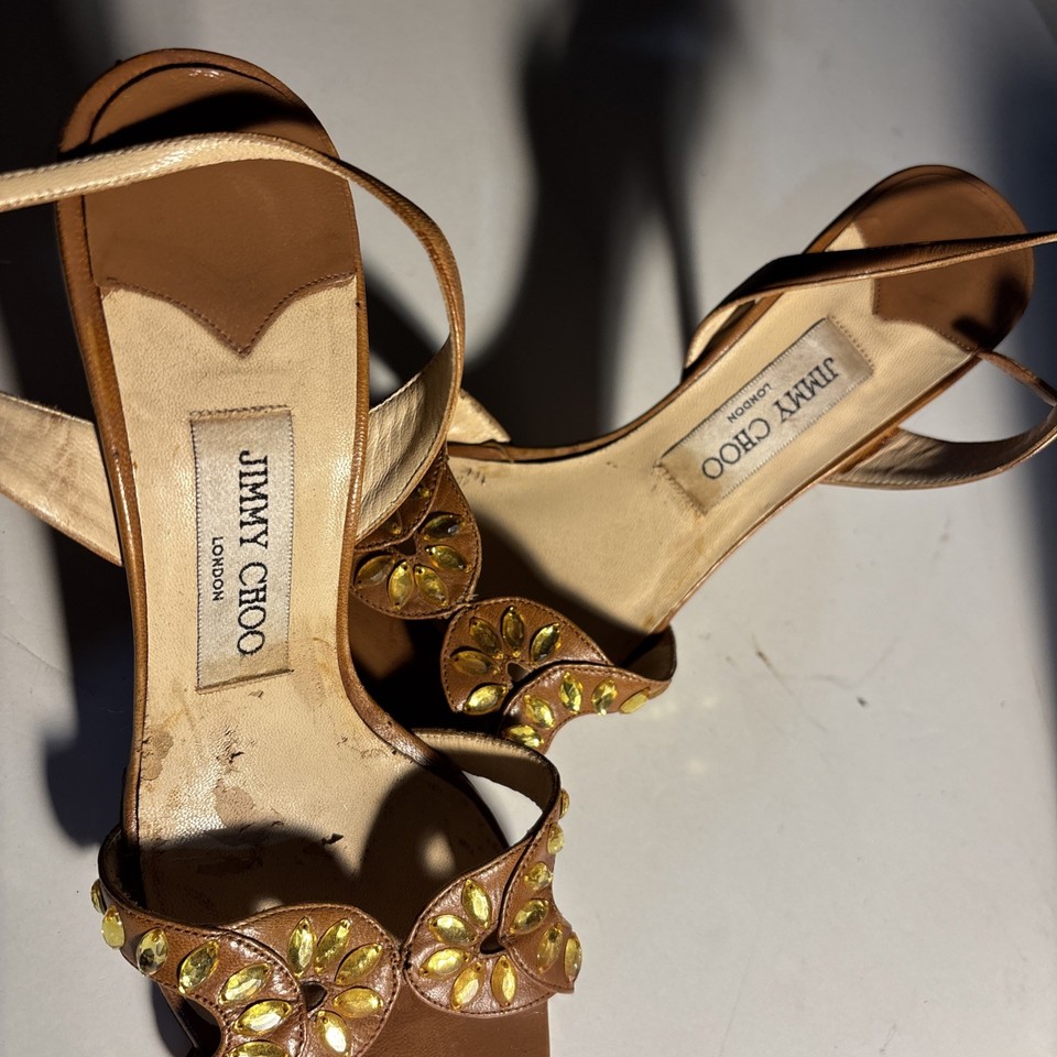 Jimmy Choo Rumer Brown Leather Beaded Slingback Sandals Strappy Heels ...