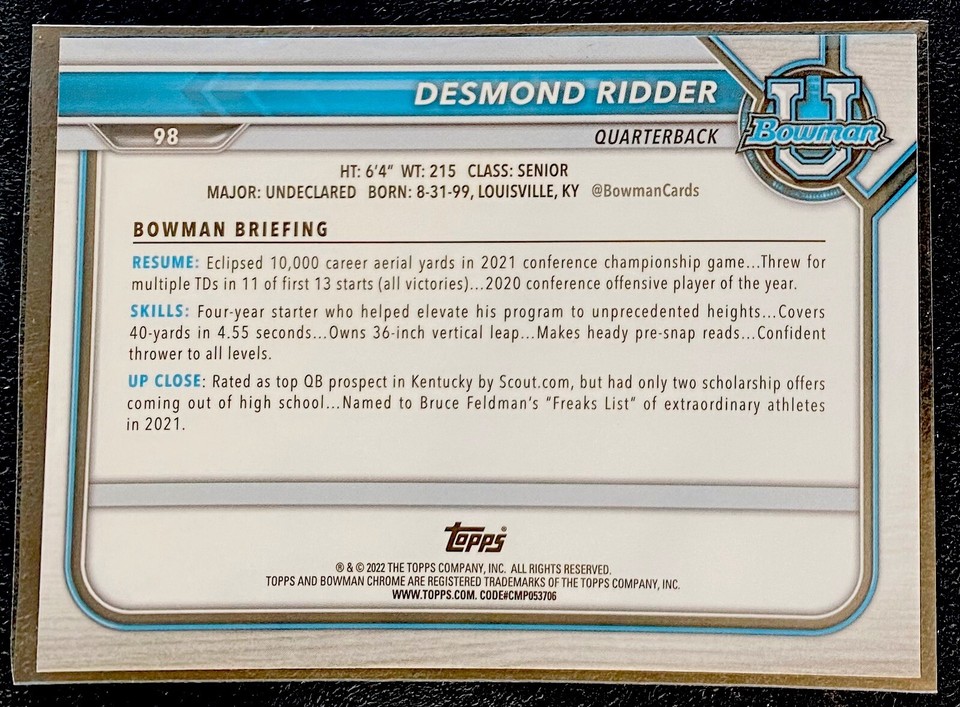 2021-22 Bowman University - Desmond Ritter Refractor - Cincinnati ...