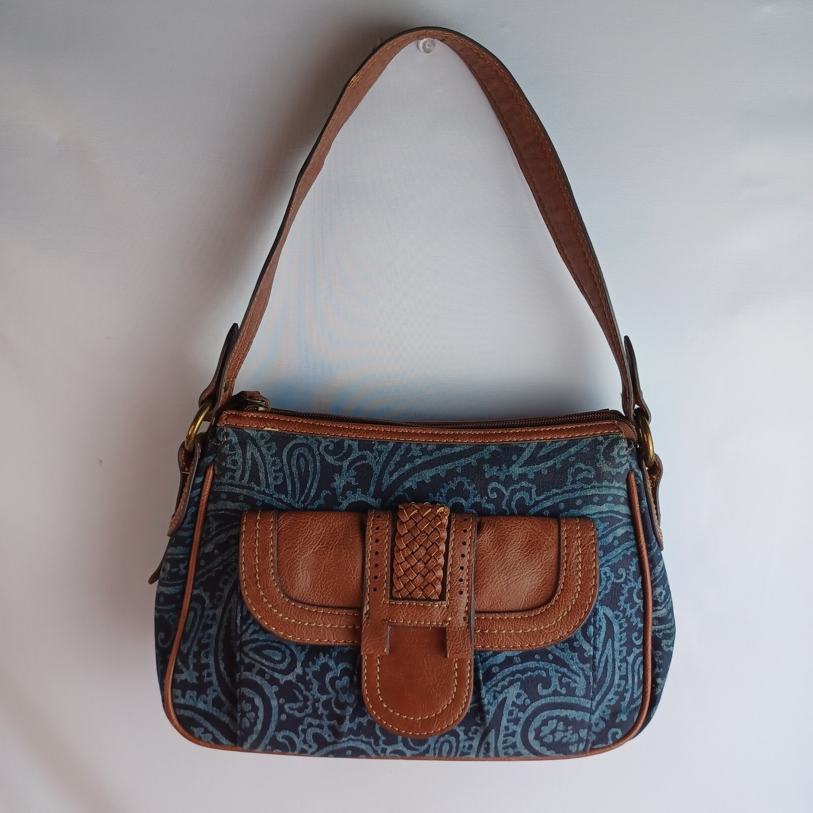 Vtg Chaps Blue Paisley Brown Faux Leather Shoulder Bag Purse Boho ...