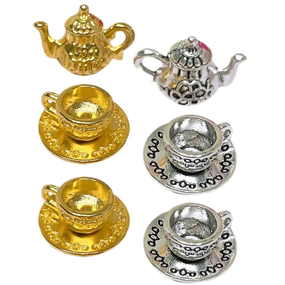 2 Sets Miniature Metal Tea Cup Teapot Cup Plates Doll House Scene ...