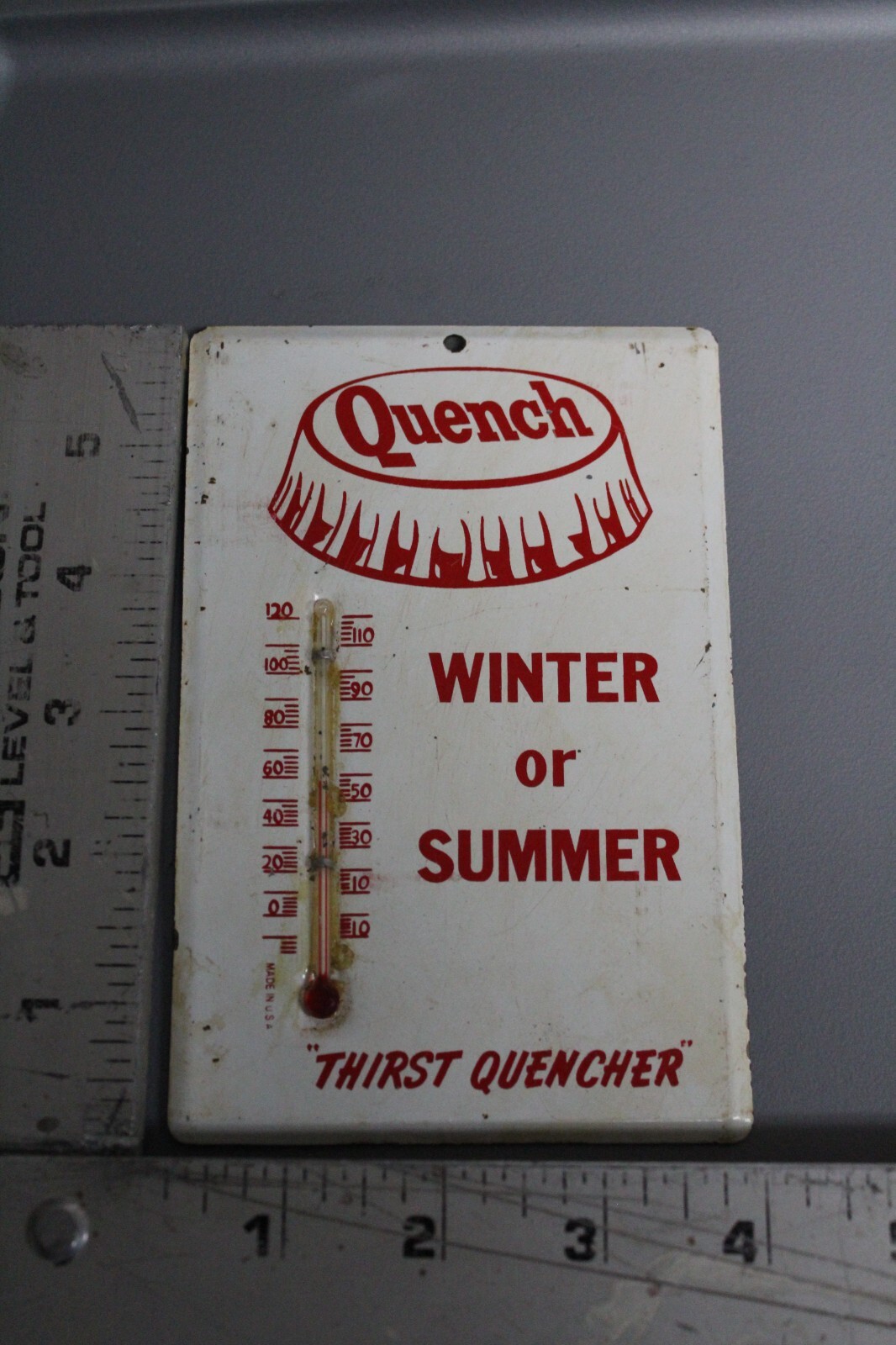 1960s QUENCH SODA POP DEALER PAINTED METAL THERMOMETER SIGN SUMMER OR ...