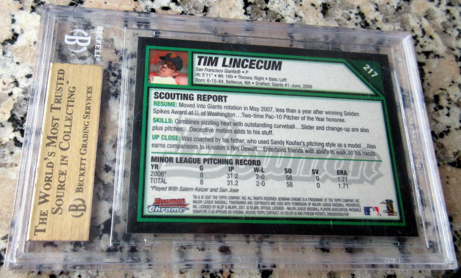 TIM LINCECUM 2007 Bowman Chrome #1 Draft Pick Rookie Card RC BGS 9.5 10 ...