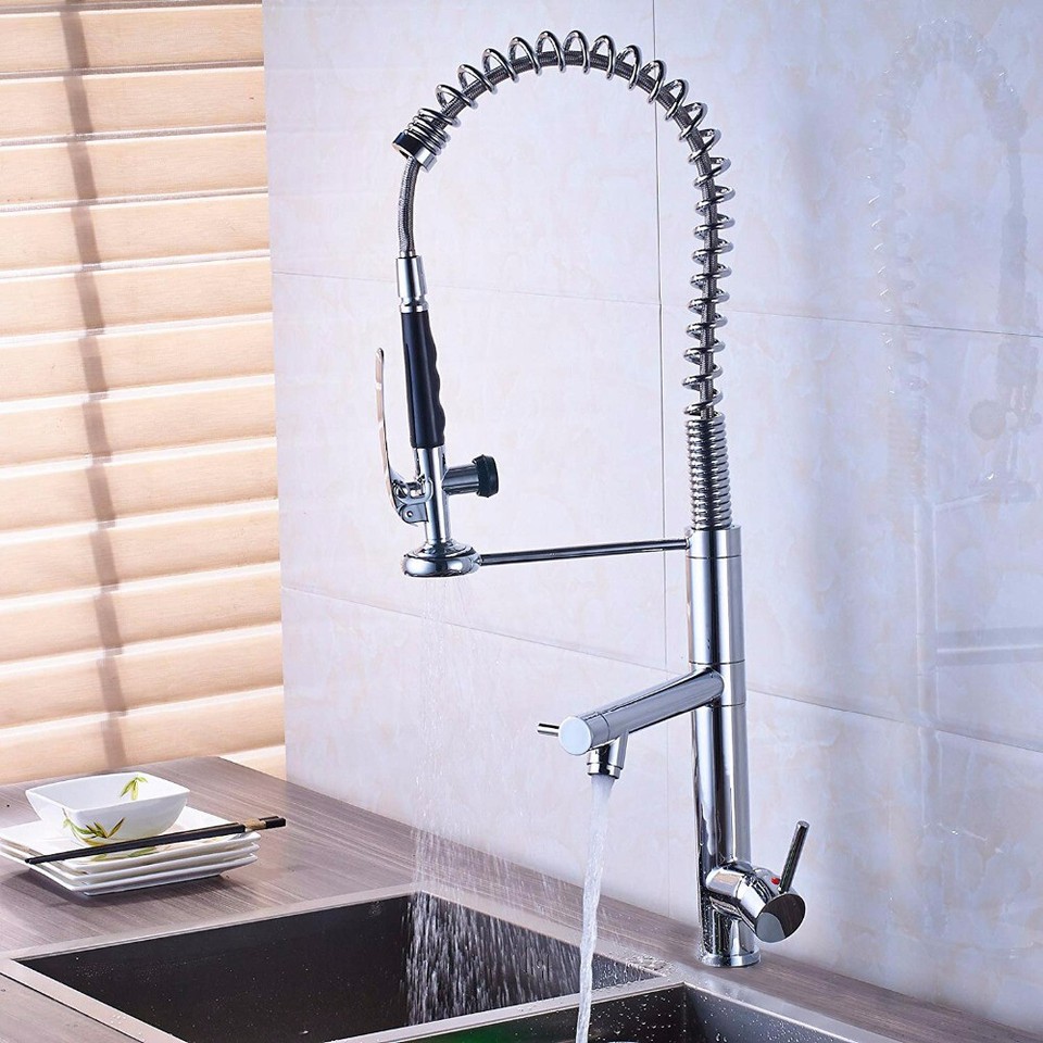 Kitchen Sink Spring Faucet With Pull Out Sprayer High Arc Swivel Spout ...
