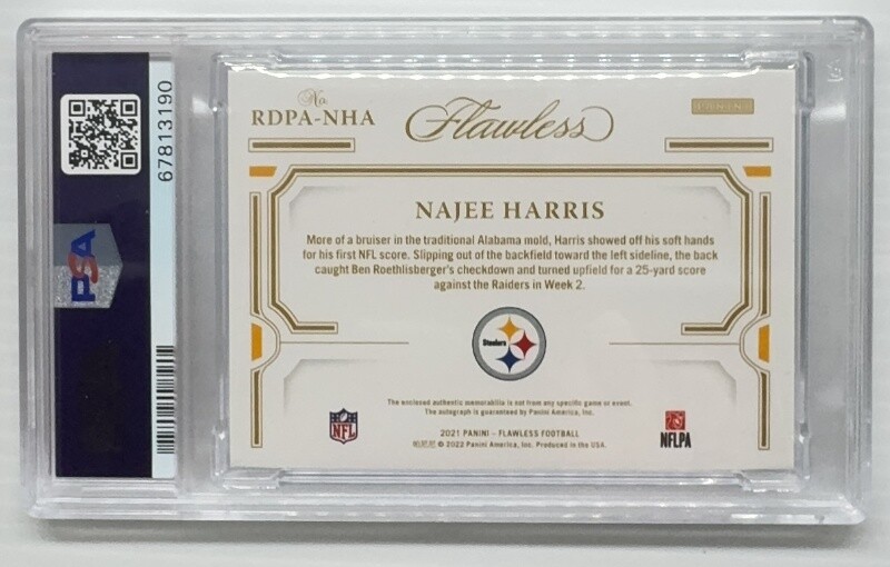 2021 Flawless Najee Harris Rookie Dual Patch Auto Ruby RC #04/15 PSA 9/ ...