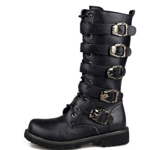 Mens Black Punk Rock High Boots Shoes Stylish Military Combat Riding ...