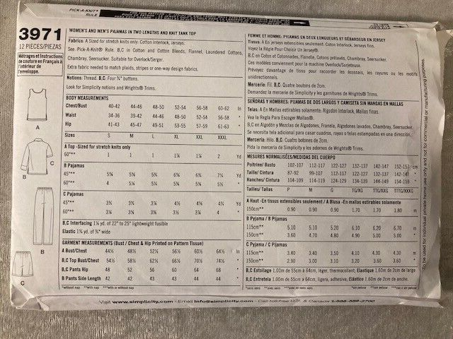 Simplicity 3971 Sewing Pattern Unisex Pajamas Size XL-XXXL PJs ...