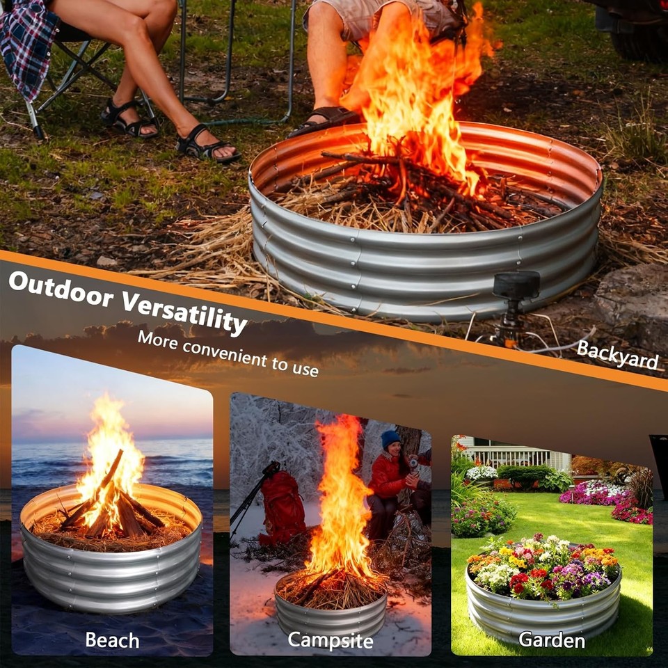 Silver Round Galvanized Steel Fire Ring Pit for Backyard, Camping ...