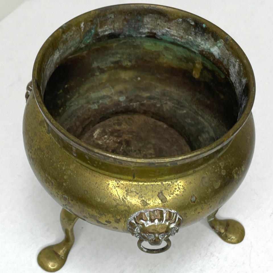 Vintage Brass Lion Head Planter – Footed Jardinière with Ring Handles ...