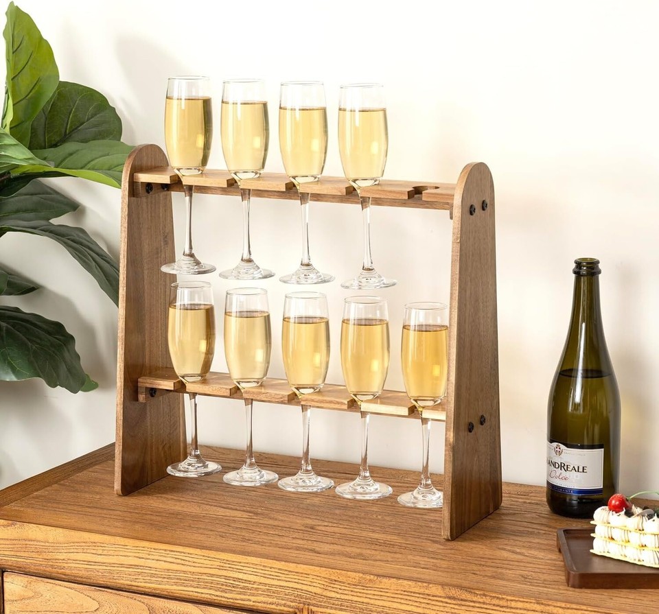 2 Tier Tabletop Acacia Wood Champagne Flute Glass Holder Stand ...