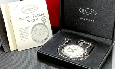 DALVEY SCOTLAND Alumni Open Face Quartz Pocket Watch with Chain-VGC ...