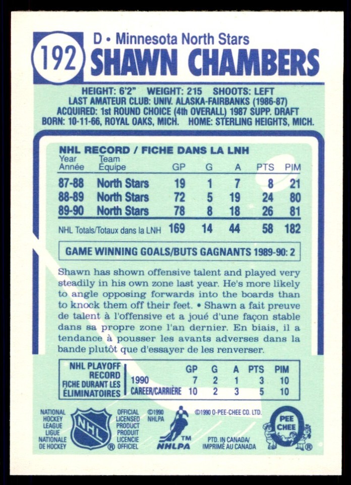 1990-91 O-Pee-Chee Shawn Chambers . Minnesota North Stars #192 | eBay