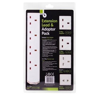 4 Way Extension Lead 1m with Travel Adaptors and European Plug Adaptor ...
