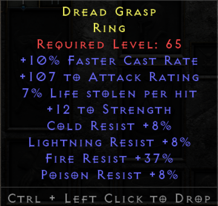 D2r rare ring fcr ring 10fcr 107ar 7ll 12str 8all res 37fr--non ladder ...