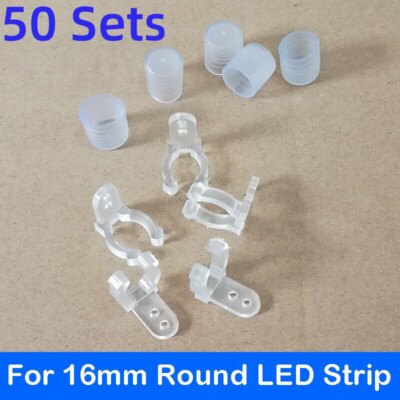 50 Sets Mounting Clips Brackets Holders + End Cap for 16mm 360° Round ...