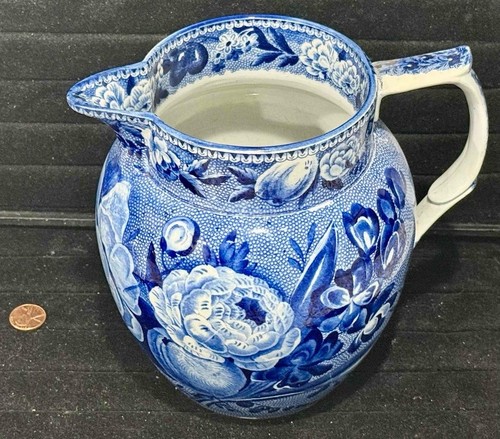 Staffordshire Dark Blue Pitcher or Jug, Bird, Fruit + Flowers Transfer ...