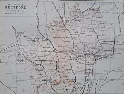 1877 Hertfordshire map. England. Antique. Hertford, Watford, Stevenage ...