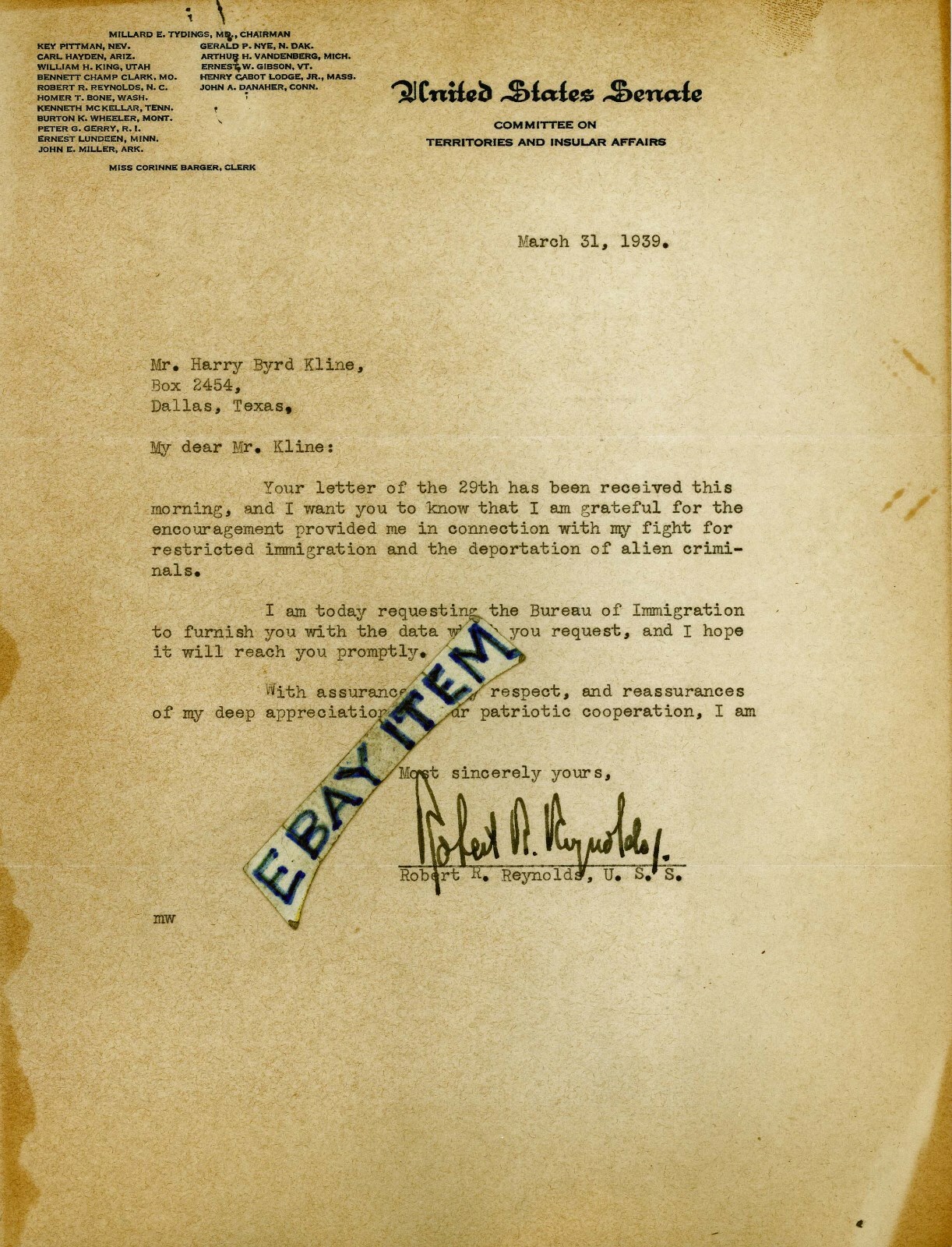 1939 letterhead ROBERT R. REYNOLDS North Carolina UNITED STATES SENATE ...