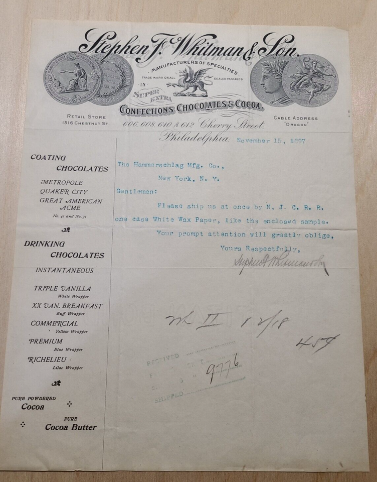 1897 Documento, Stephen F.Whitman & Son Cioccolatini, Philadelphia Pa ...