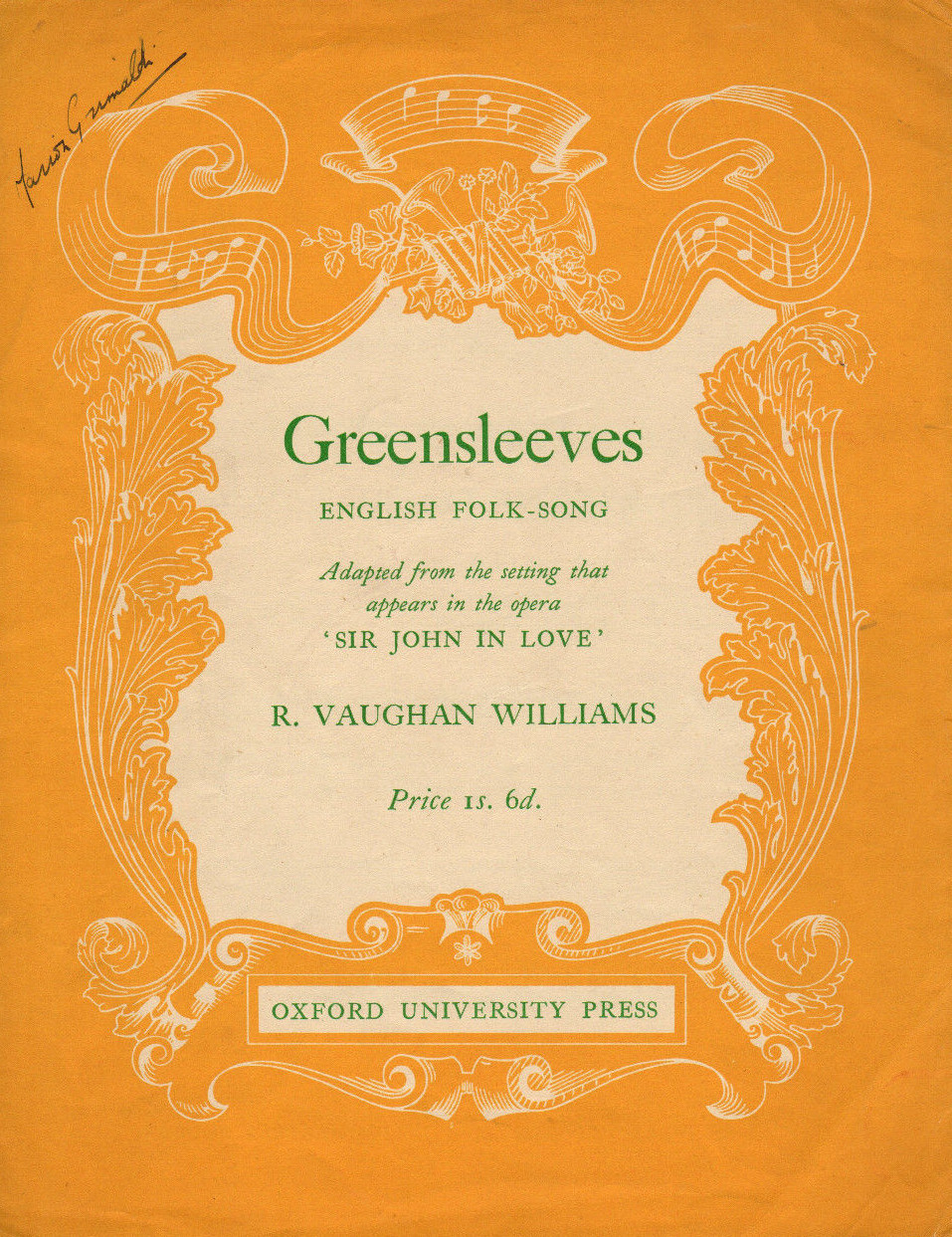GREENSLEEVES Music Sheet-1934-SIR JOHN IN LOVE-AUTOGRAPH MARION ...