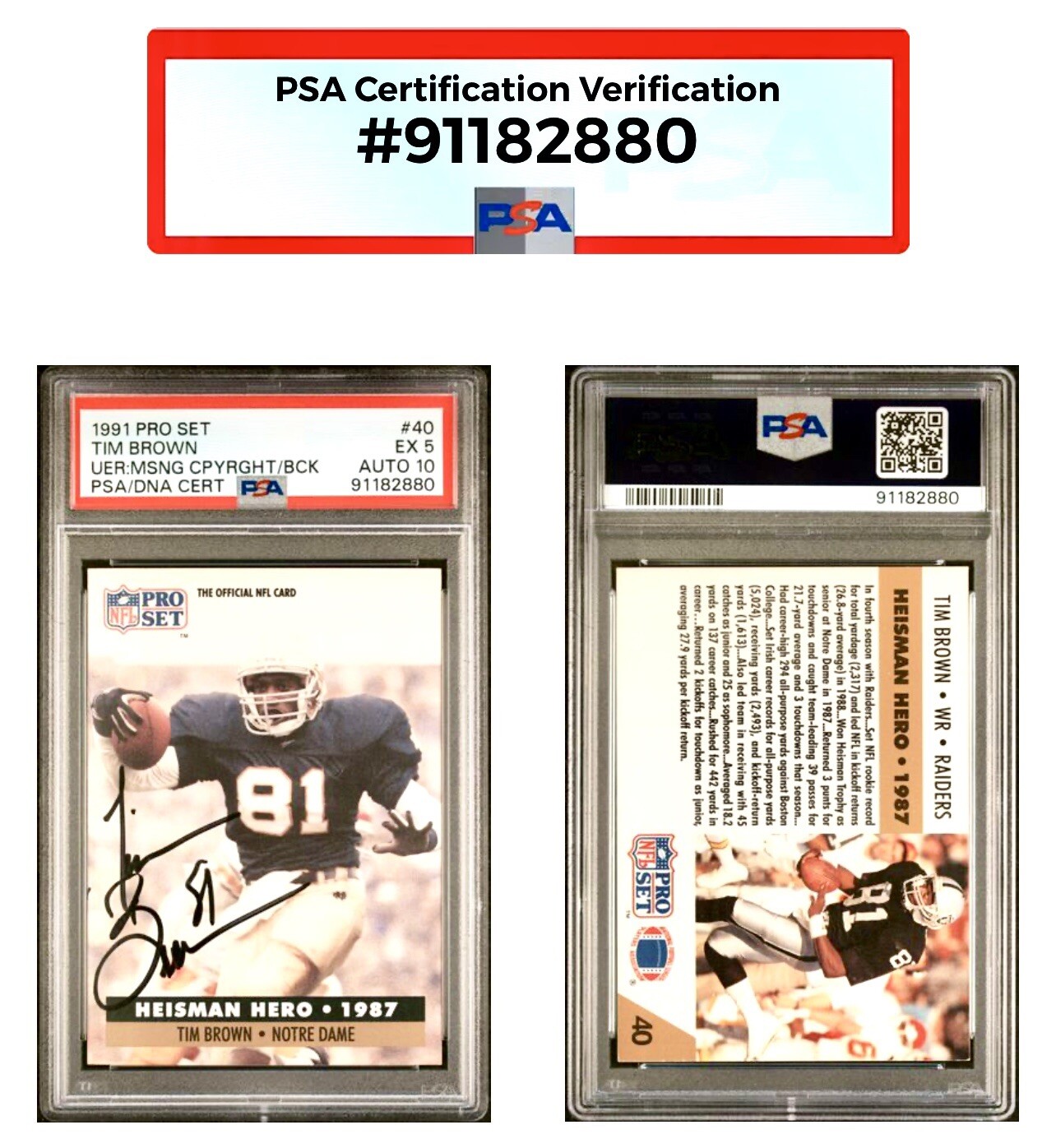 🔥 TIM BROWN Autographed 1991 Pro Set Heisman Hero Insert ERROR Raiders ...