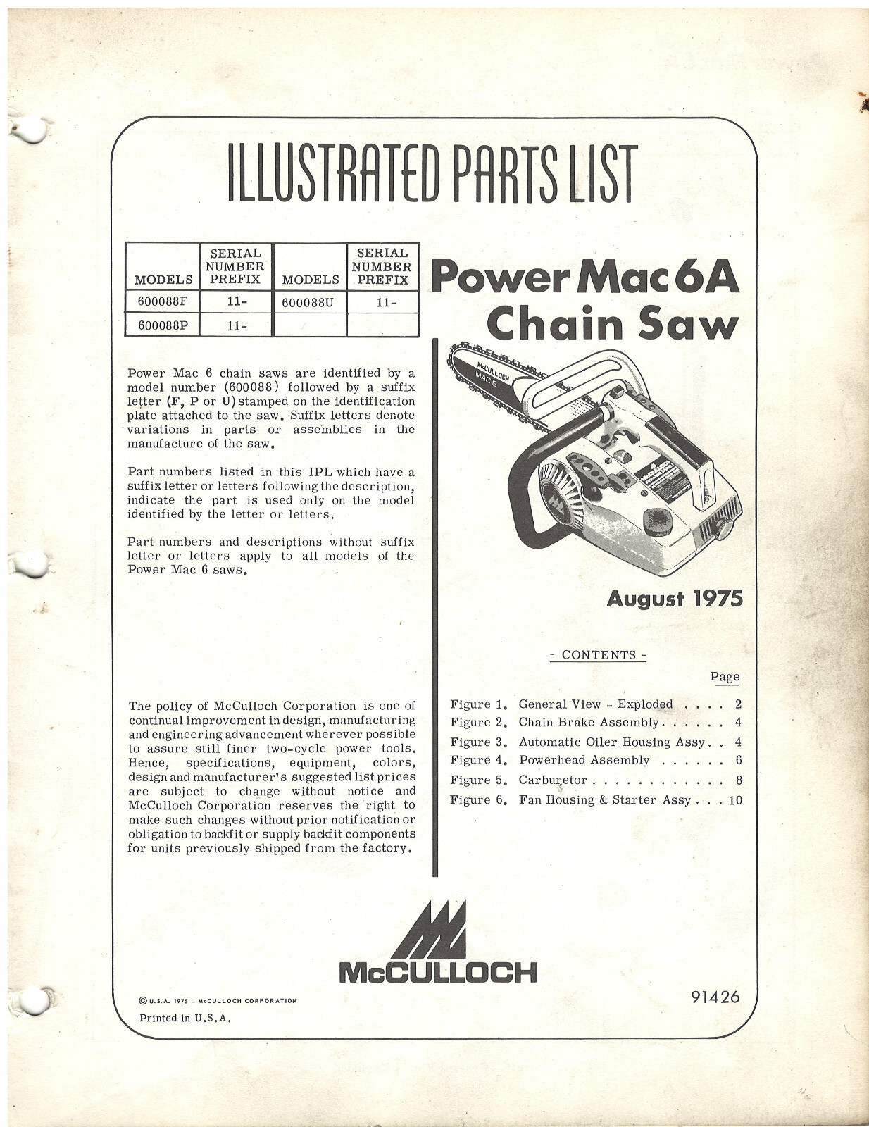 McCulloch Power Mac 6A Chainsaw 60088 Parts List Illustrated Exploded ...