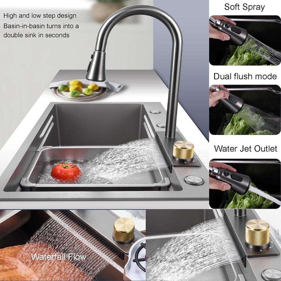 Flying Rain Stainles Steel Waterfall Kitchen Sink w PullDown Faucet ...