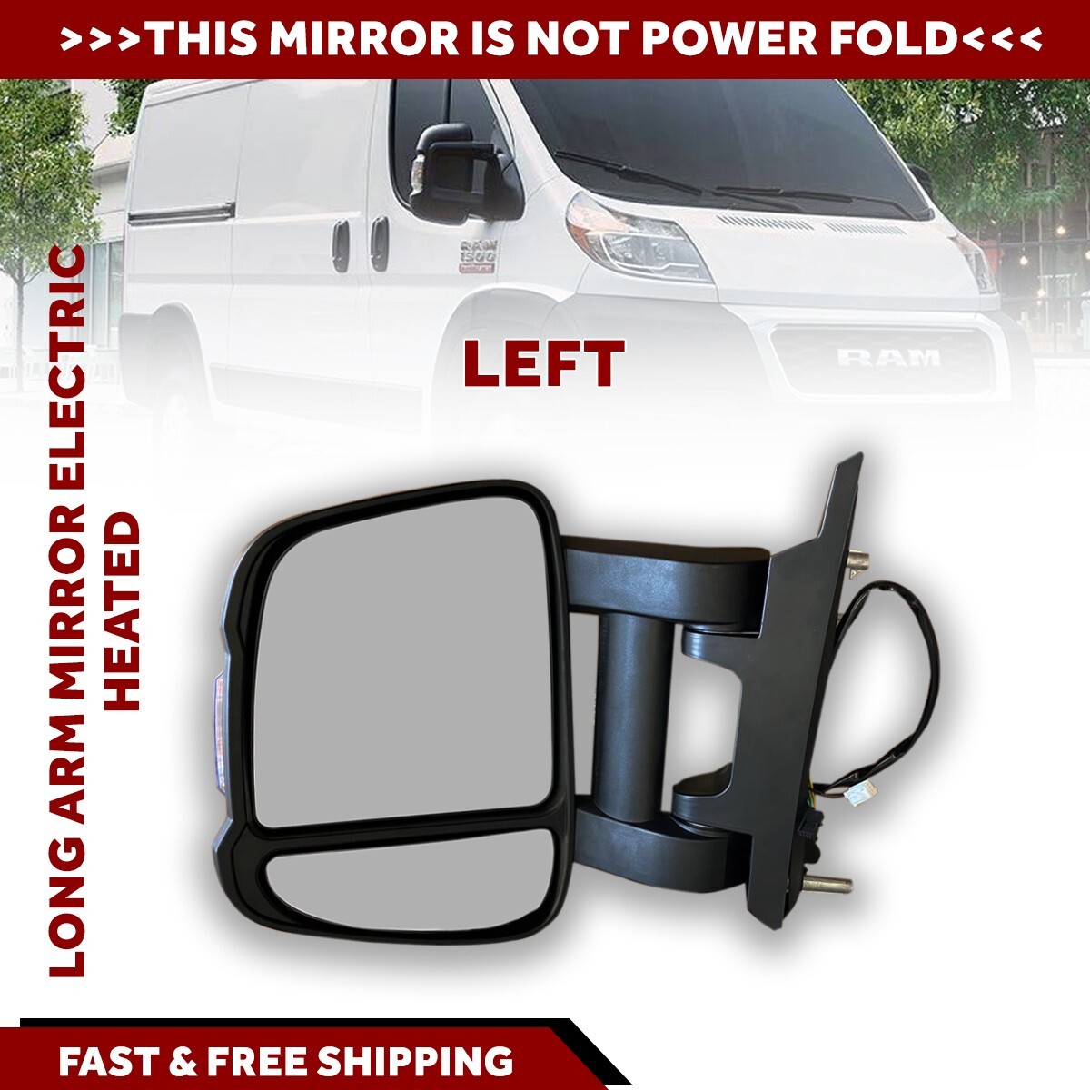 DODGE RAM PROMASTER MIRROR EXTENDED LONG ARM DOOR LEFT DRIVER SIDE 2017 ...