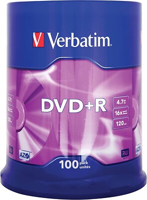 100 Genuine Verbatim Blank DVD+R 16x 4.7GB DVD Non Printable Discs ...