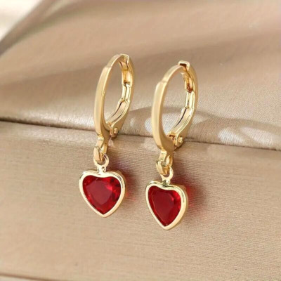 Golden Fashion Shiny Red Rhinestone Heart Drop Earrings Jewelry Women ...