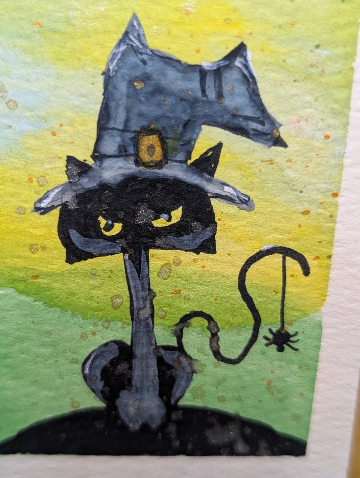 ACEO Watercolor Painting Halloween Cute Spooky Grumpy Cat Art Trading ...