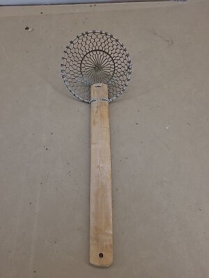 VINTAGE ASIAN MESH & BAMBOO COOKING SPIDER DEEP FRYING LADLE SKIMMER ...