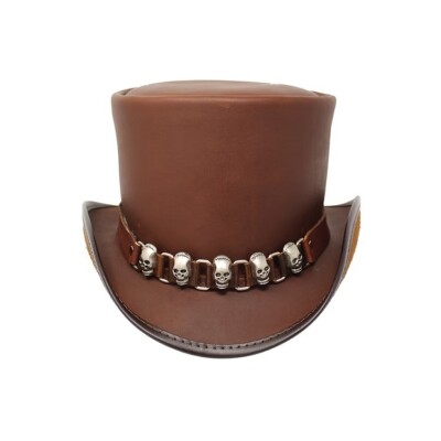 Motorcycle Top Hat Cowhide leather- Handmade Skull band Steampunk with ...