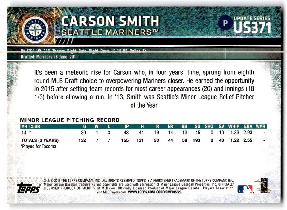 2015 Topps Update Carson Smith RC Seattle Mariners #US371 | eBay