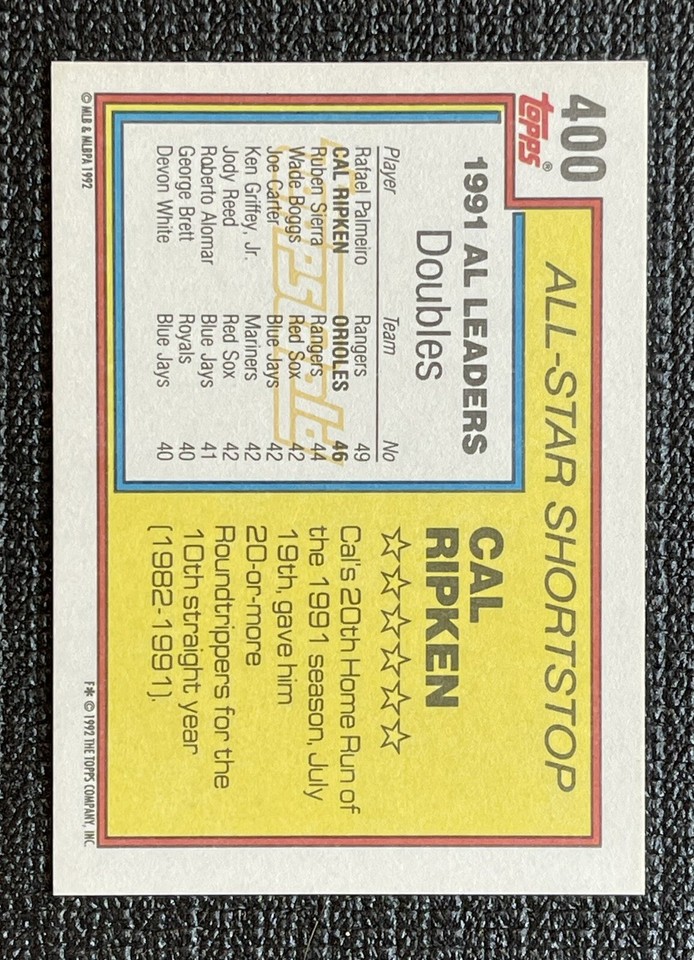 CAL RIPKEN JR. 1992 Topps #400 GOLD All-Star | eBay