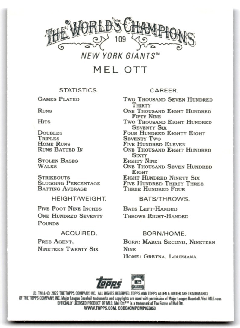 2022 Topps Allen & Ginter X Mel Ott New York Giants #109 | eBay