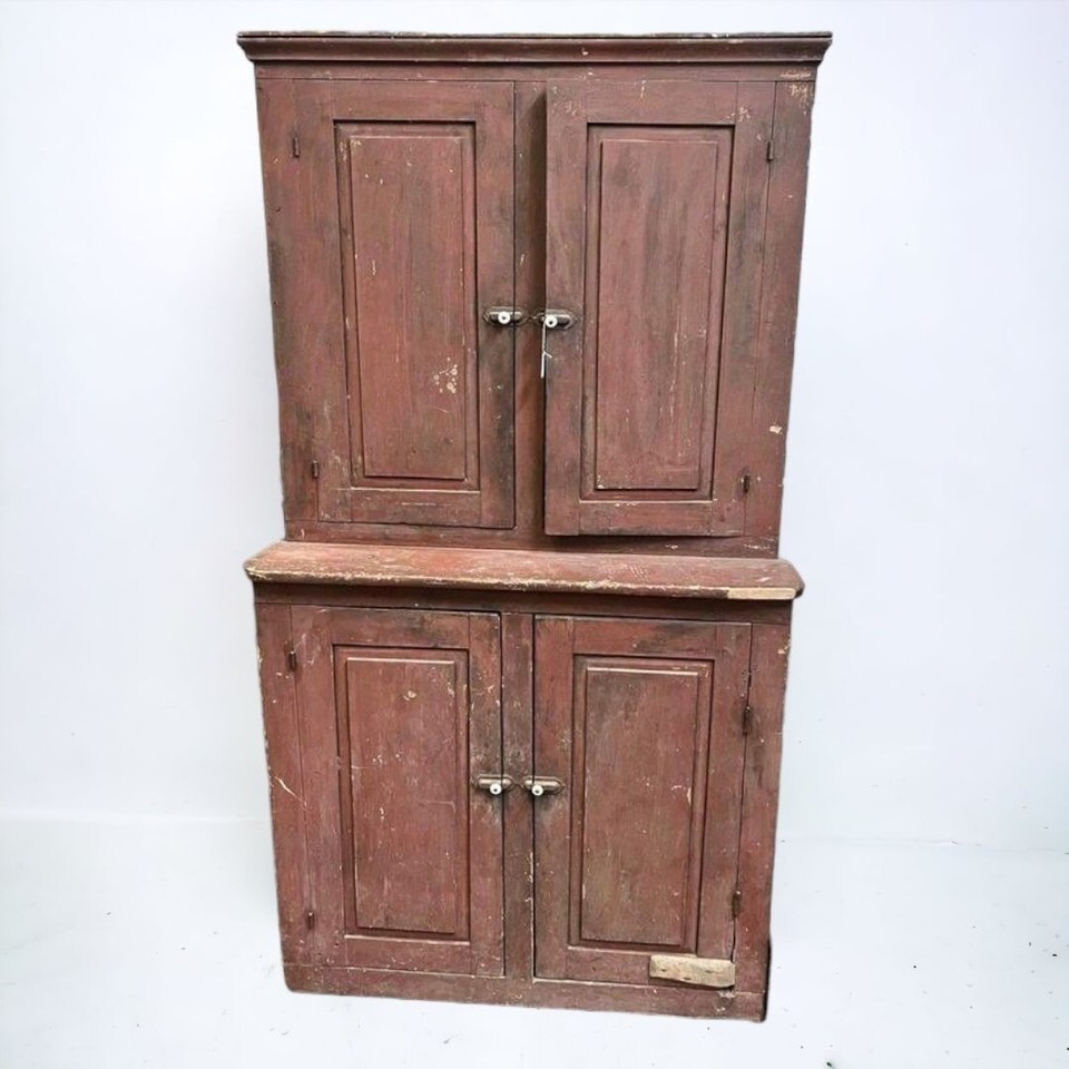 Antique Primitive Red Wooden Stepback Hutch Pantry Cupboard 19th ...